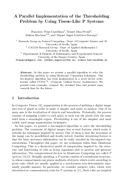 Pdf A Parallel Implementation Of The Thresholding Problem By Using Tissue Like P Systems
