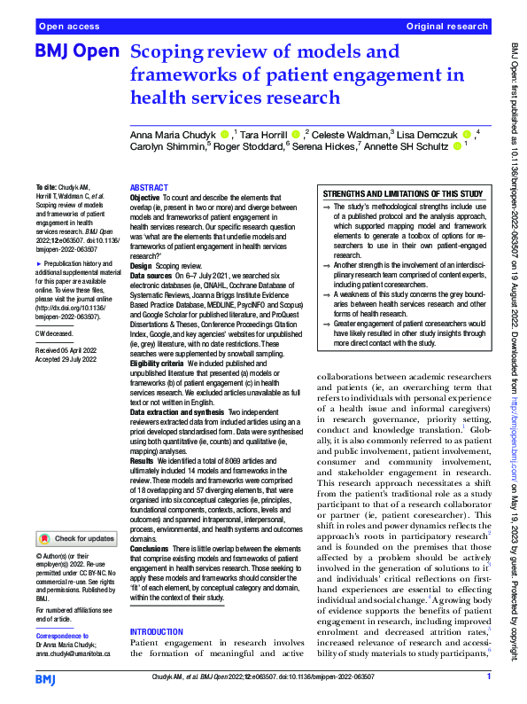Pdf Scoping Review Of Models And Frameworks Of Patient Engagement In