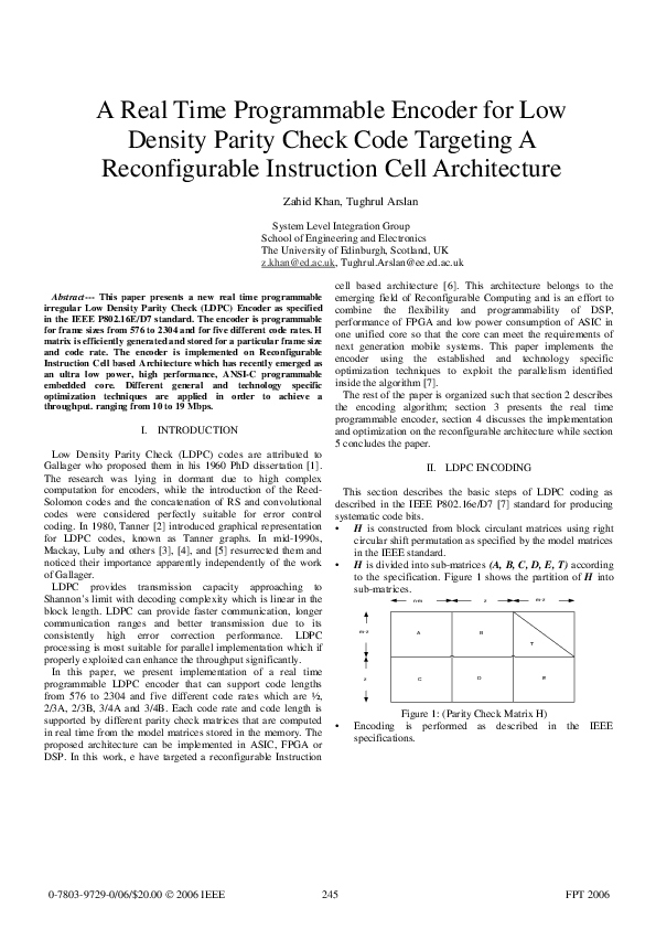 Pdf A Real Time Programmable Encoder For Low Density Parity Check Code Targeting A