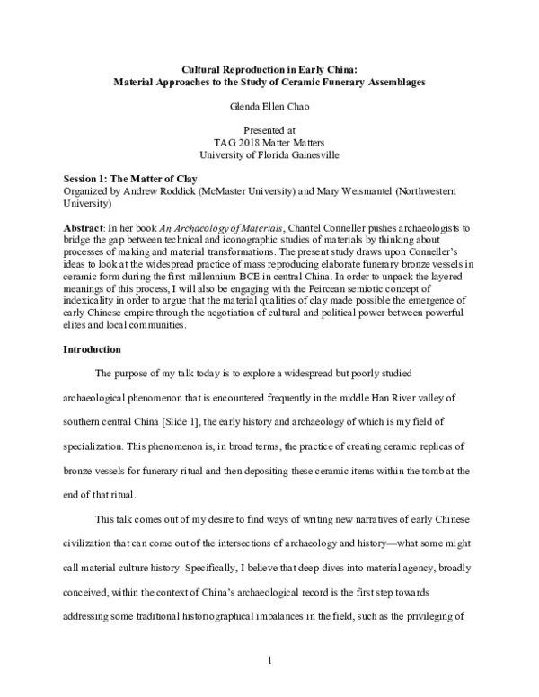 (DOC) Cultural Reproduction in Early China: Material Approaches to the ...