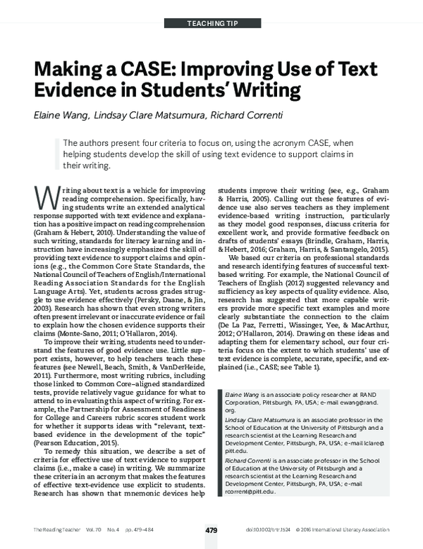 (PDF) Making a CASE: Improving Use of Text Evidence in Students’ Writing