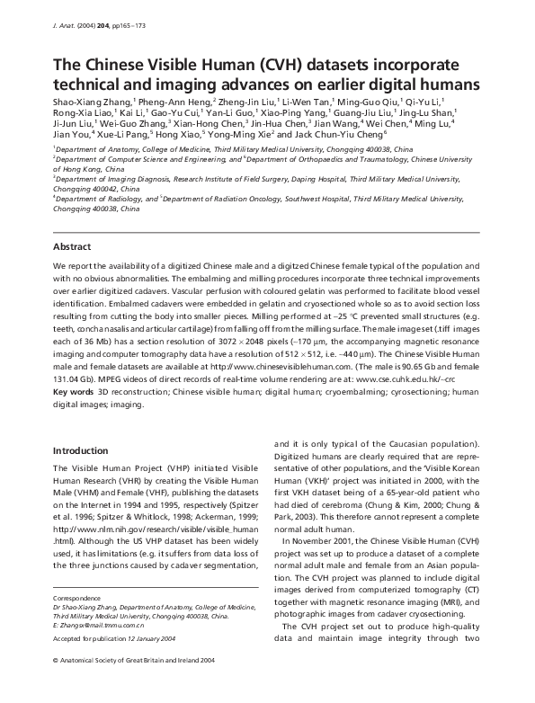 (PDF) The Chinese Visible Human (CVH) datasets incorporate technical ...