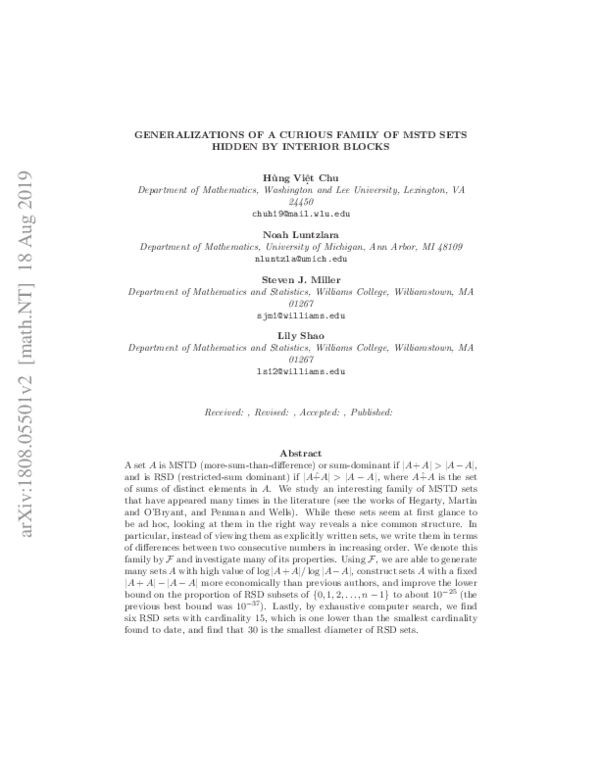 (PDF) Generalizations of a Curious Family of MSTD Sets Hidden By ...