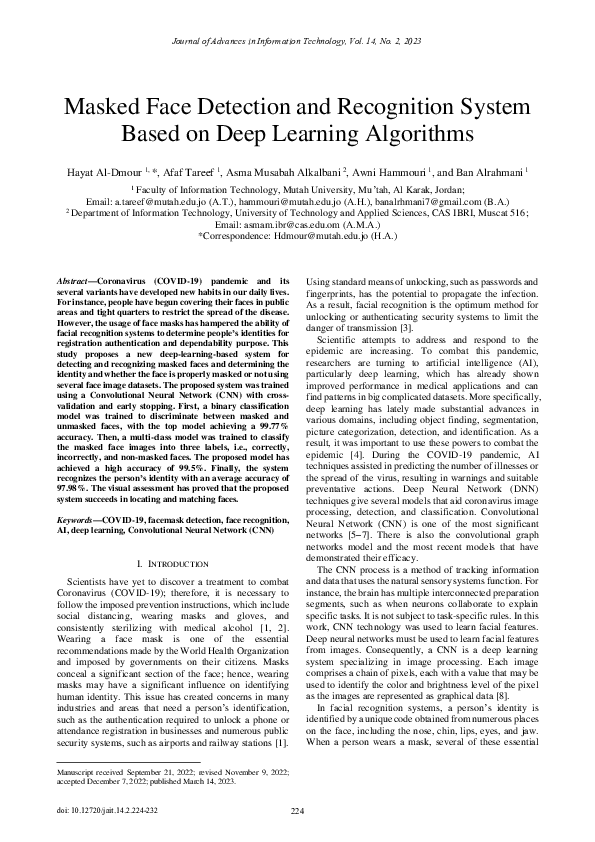 Pdf Masked Face Detection And Recognition System Based On Deep Learning Algorithms