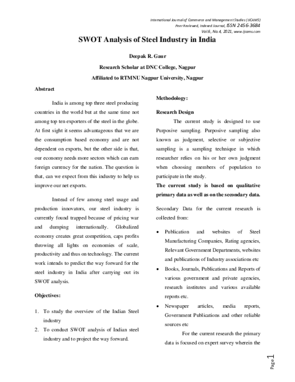 (PDF) SWOT Analysis of Steel Industry in India