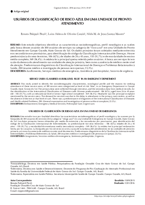 (PDF) Usuários De Classificação De Risco Azul Em Uma Unidade De Pronto ...