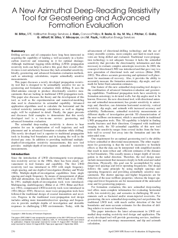 (PDF) A New Azimuthal Deep-Reading Resistivity Tool for Geosteering and Advanced Formation ...
