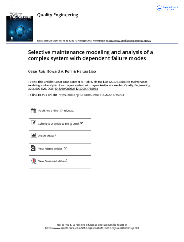 (PDF) Selective maintenance modeling and analysis of a complex system with dependent failure modes