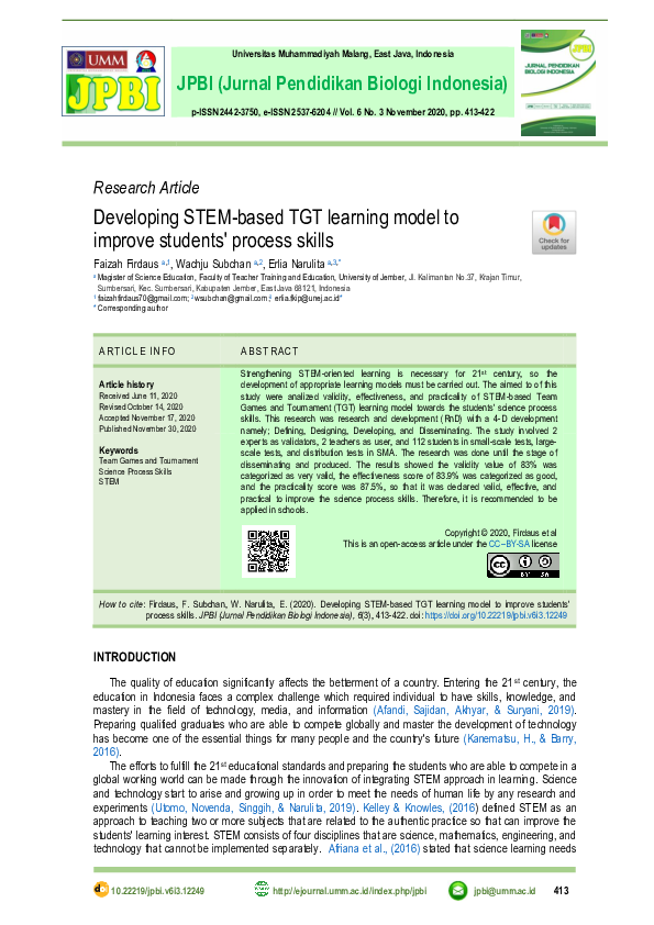 (PDF) Developing STEM-based TGT learning model to improve students' process skills