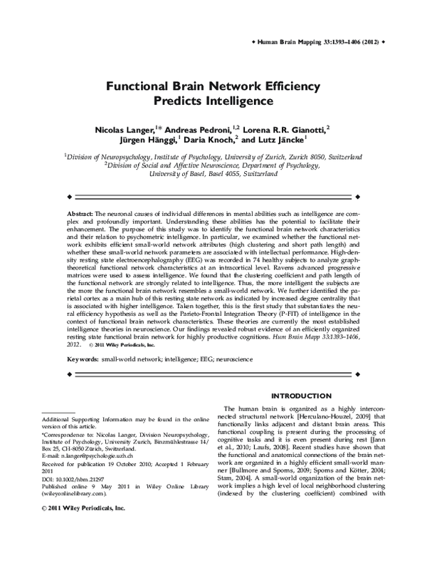 Pdf Functional Brain Network Efficiency Predicts Intelligence
