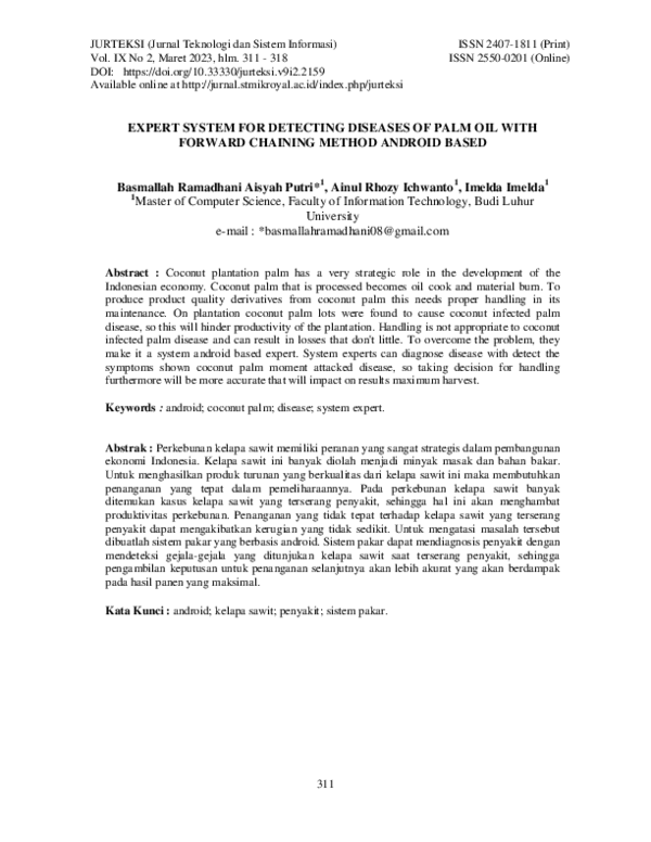 (PDF) Expert System for Detecting Diseases of Palm Oil with Forward Chaining Method Android Based