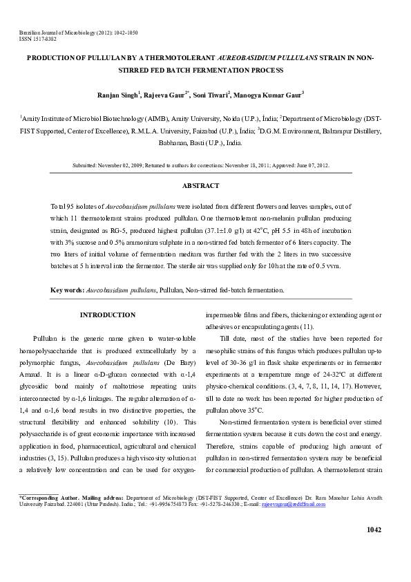 (PDF) Production of pullulan by a thermotolerant Aureobasidium pullulans strain in non-stirred ...