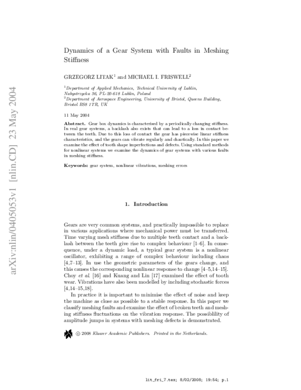 (PDF) Dynamics of a Gear System with Faults in Meshing Stiffness