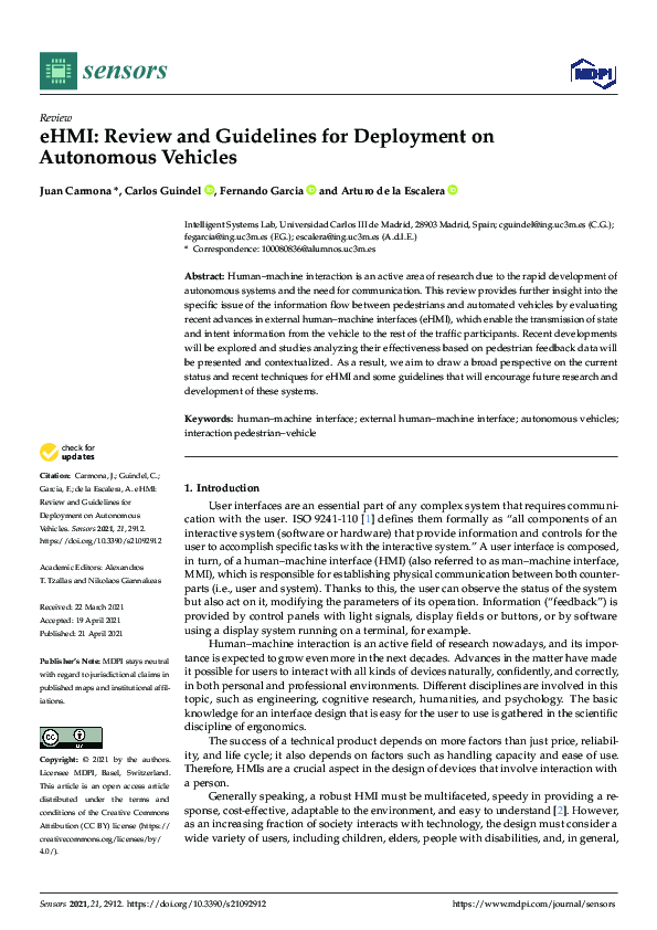 (PDF) eHMI: Review and Guidelines for Deployment on Autonomous Vehicles