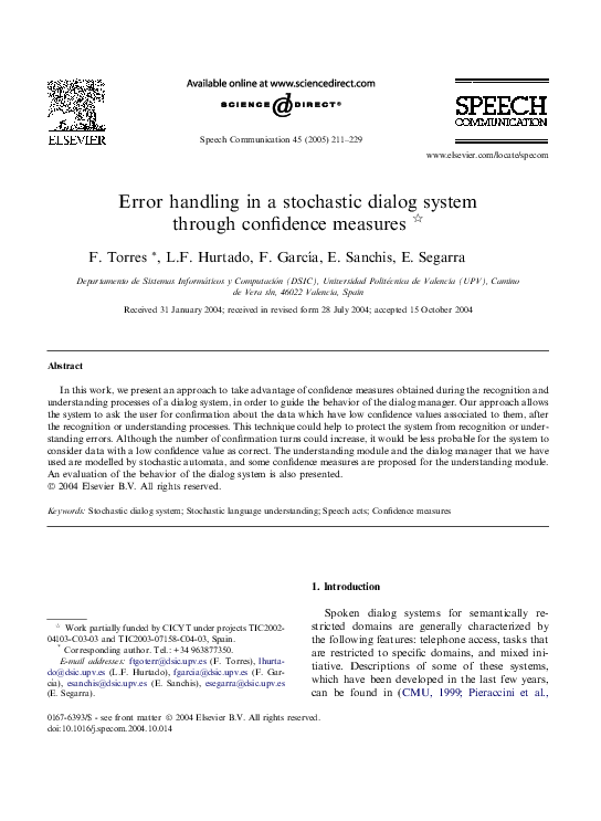 Pdf Error Handling In A Stochastic Dialog System Through Confidence Measures