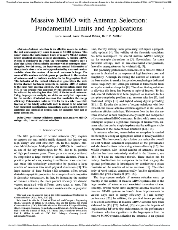 Pdf Massive Mimo With Antenna Selection Fundamental Limits And Applications