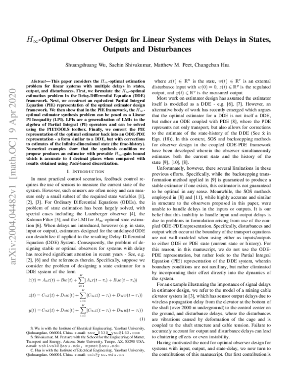 (PDF) H\infty-Optimal Observer Design for Linear Systems with Delays in ...