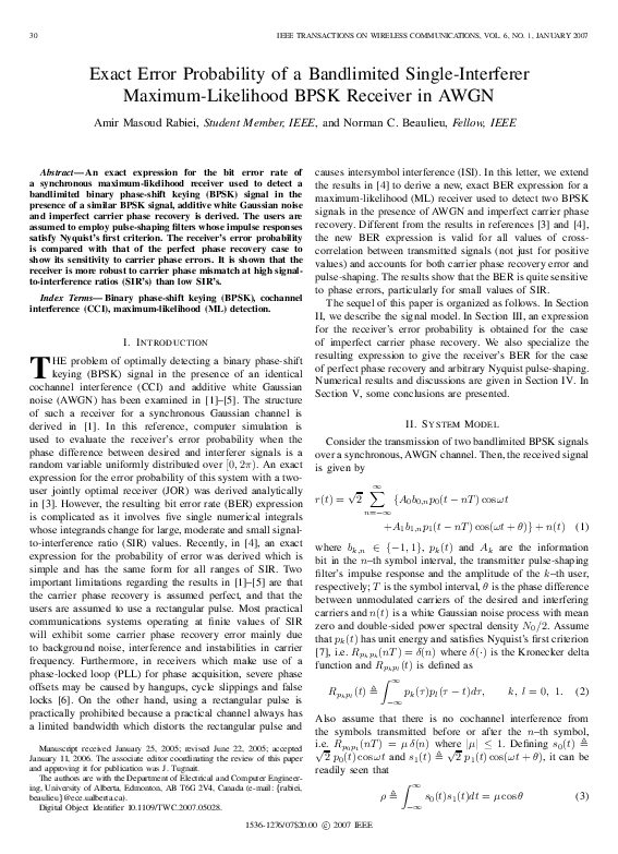 (PDF) Exact error probability of a bandlimited single-interferer maximum-likelihood BPSK ...