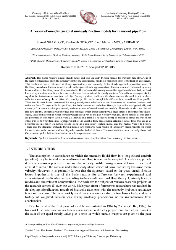 Pdf A Review Of One Dimensional Unsteady Friction Models For