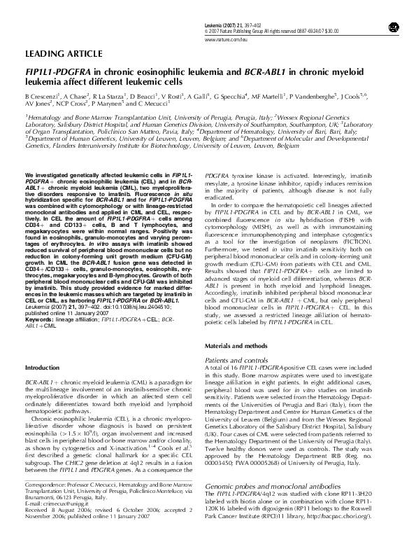 (PDF) FIP1L1-PDGFRA in chronic eosinophilic leukemia and BCR-ABL1 in chronic myeloid leukemia ...