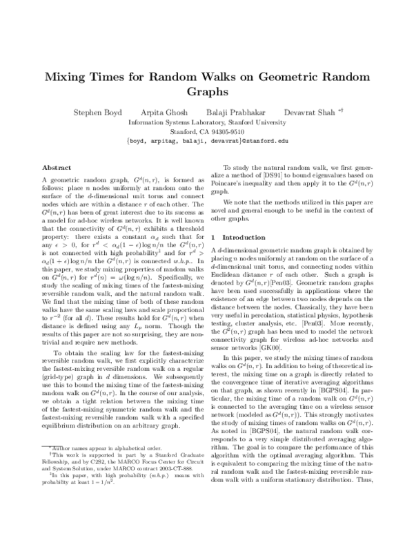 (PDF) Mixing times for random walks on geometric random graphs