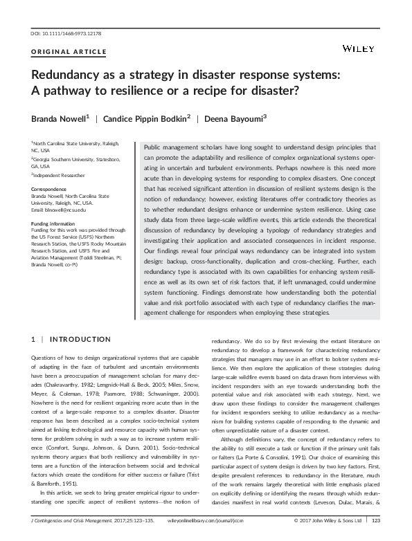 (PDF) Redundancy as a strategy in disaster response systems: A pathway to resilience or a recipe ...