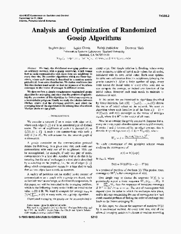 (PDF) Analysis and optimization of randomized gossip algorithms