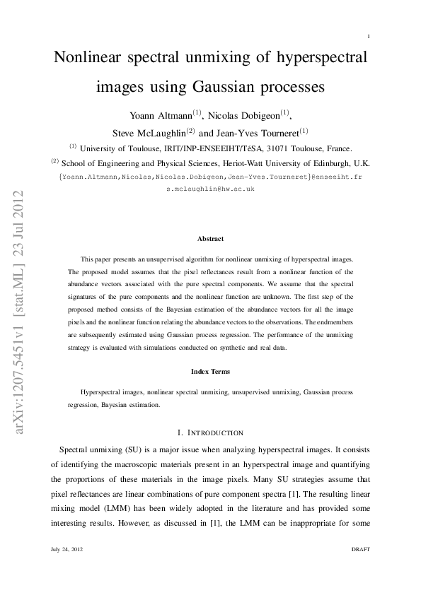 Pdf Nonlinear Spectral Unmixing Of Hyperspectral Images Using Gaussian Processes
