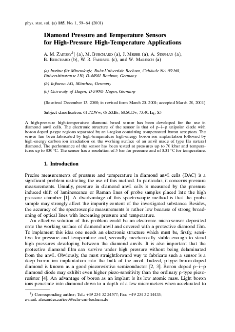 (PDF) Diamond Pressure and Temperature Sensors for High-Pressure High-Temperature Applications