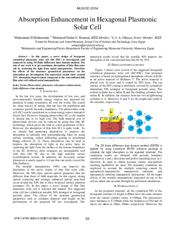 (PDF) Hexagonal Plasmonic Solar Cell Absorption Boost