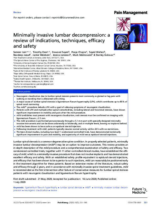 (PDF) Minimally invasive lumbar decompression: a review of indications ...