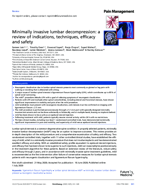 (PDF) Minimally invasive lumbar decompression: a review of indications ...