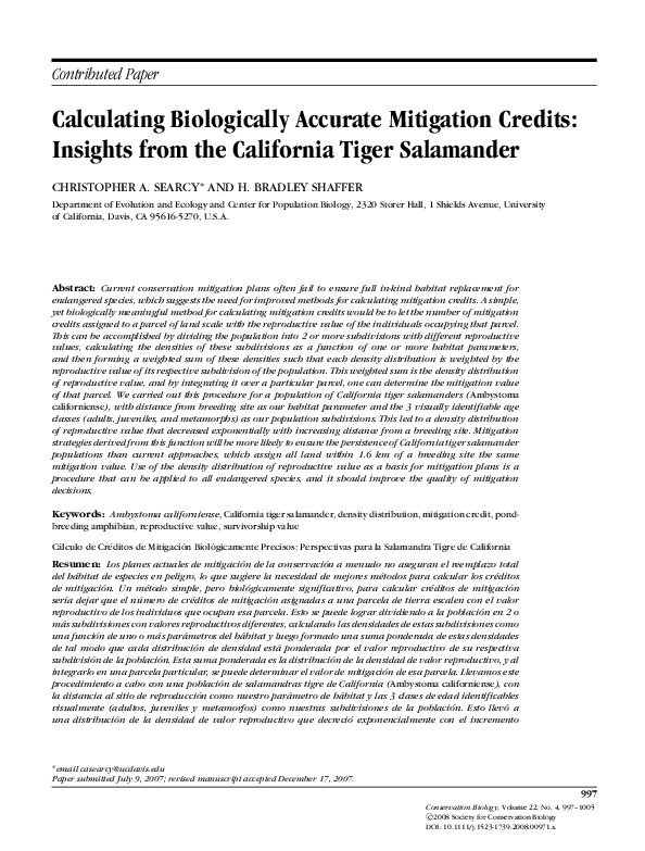 (PDF) Calculating Biologically Accurate Mitigation Credits: Insights ...