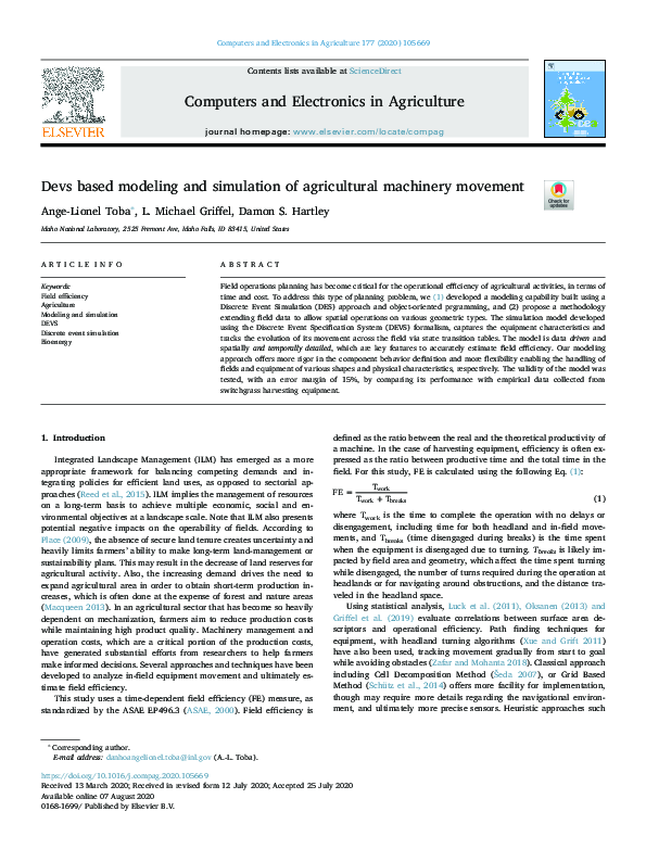 (PDF) Devs based modeling and simulation of agricultural machinery movement | Damon S Hartley ...