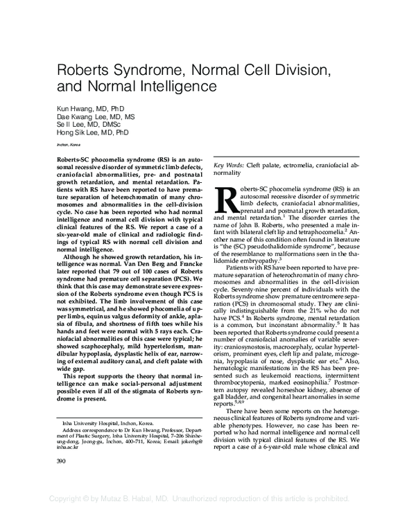 (PDF) Roberts Syndrome, Normal Cell Division, and Normal Intelligence