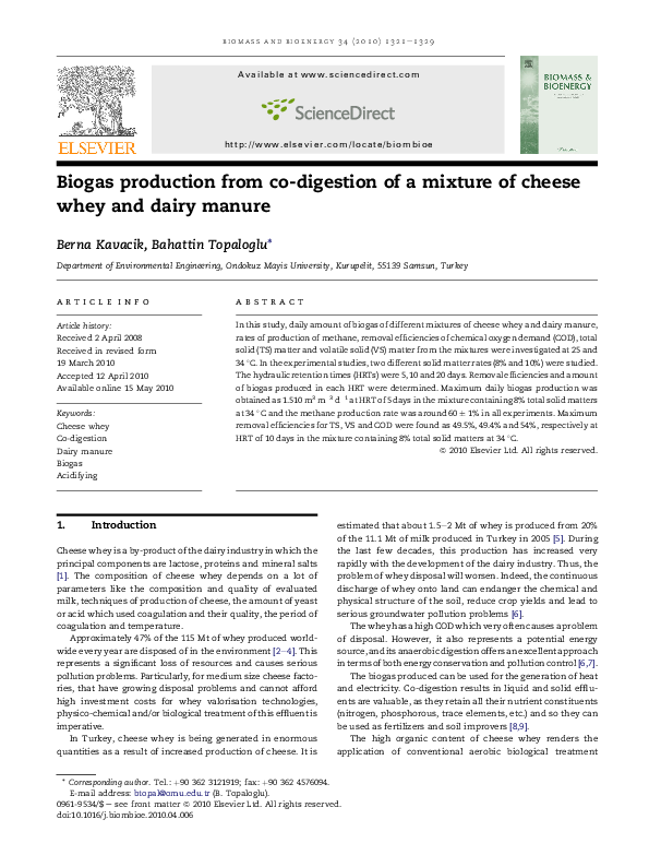 (PDF) Biogas production from co-digestion of a mixture of cheese whey ...