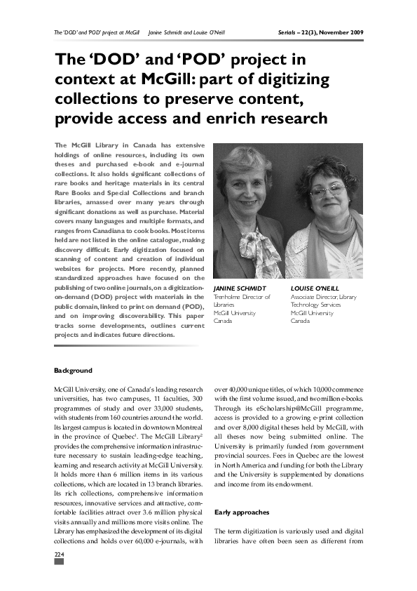 (PDF) The 'DOD' and 'POD' project in context at McGill: Part of ...