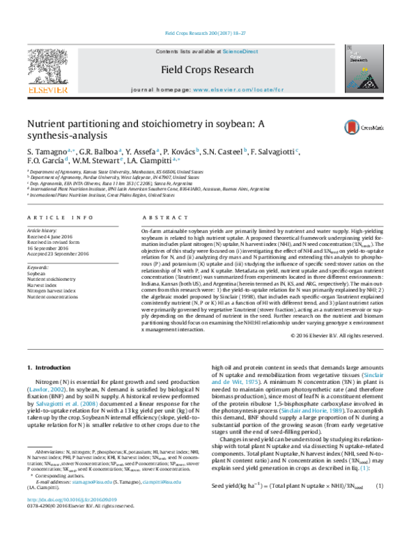 (PDF) Nutrient partitioning and stoichiometry in soybean: A synthesis-analysis