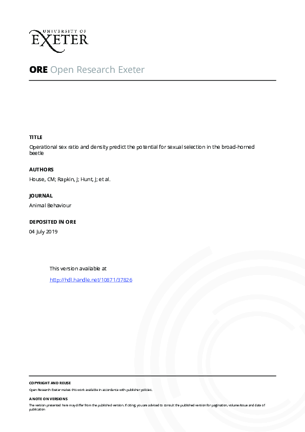 Pdf Operational Sex Ratio And Density Predict The Potential For Sexual Selection In The Broad