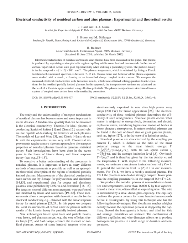 (PDF) Electrical conductivity of nonideal carbon and zinc plasmas: Experimental and theoretical ...