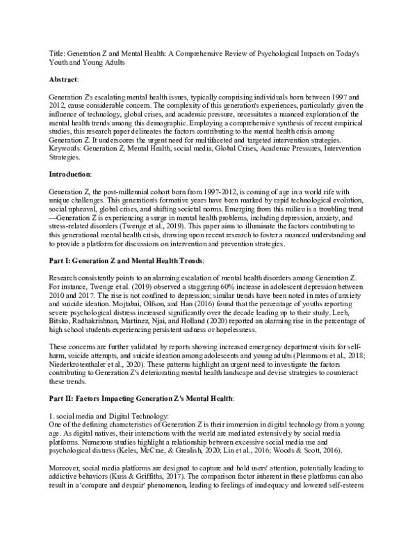 (DOC) Title: Generation Z and Mental Health: A Comprehensive Review of ...