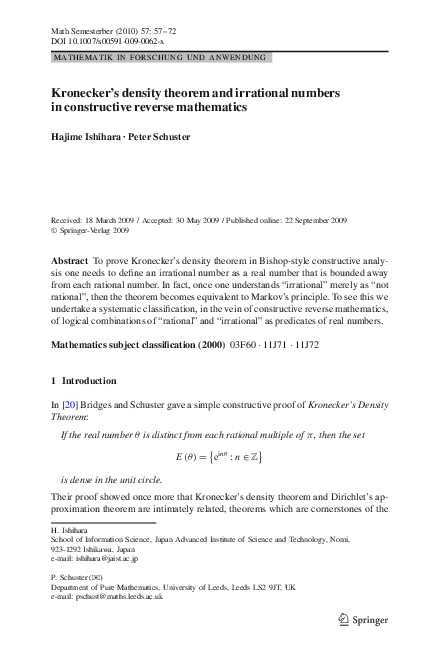 Pdf Kroneckers Density Theorem And Irrational Numbers In Constructive Reverse Mathematics