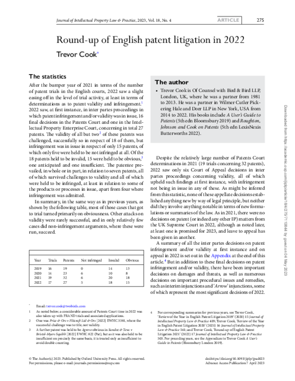 (PDF) Round-up of English patent litigation in 2022