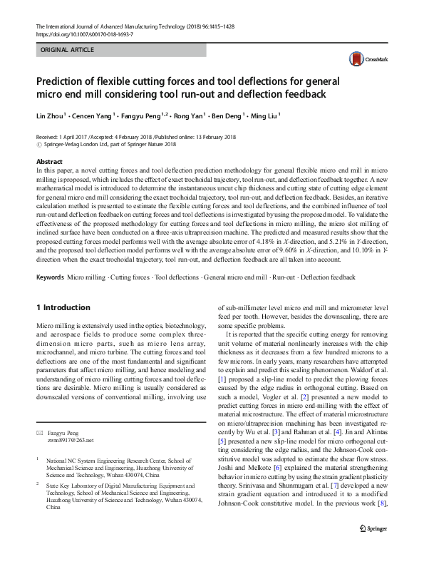 Pdf Prediction Of Flexible Cutting Forces And Tool Deflections For General Micro End Mill