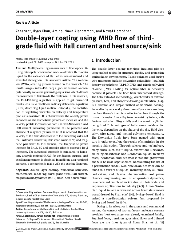 (PDF) Double-layer coating using MHD flow of third-grade fluid with Hall current and heat source ...