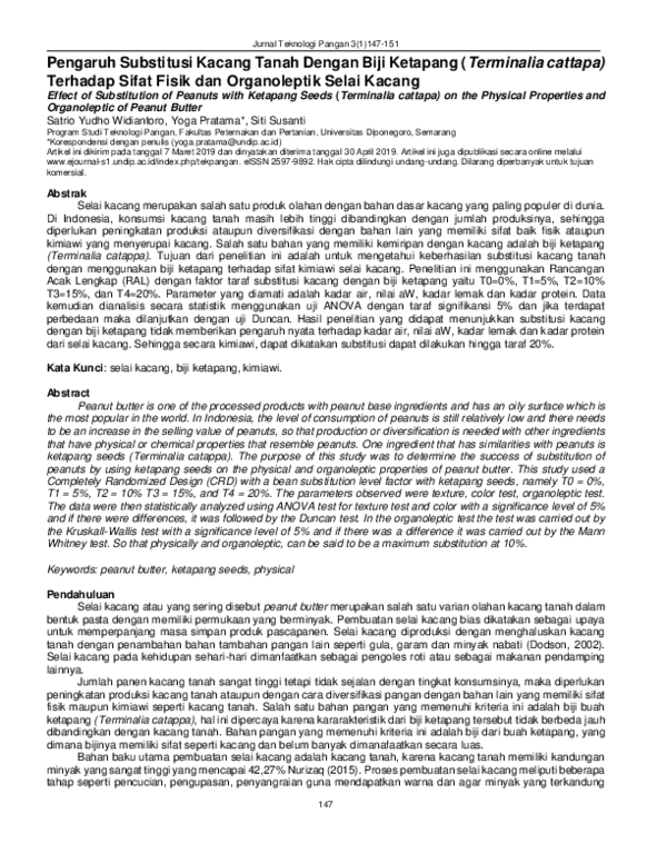 (PDF) Pengaruh Substitusi Kacang Tanah Dengan Biji Ketapang (Terminalia cattapa) Terhadap Sifat ...