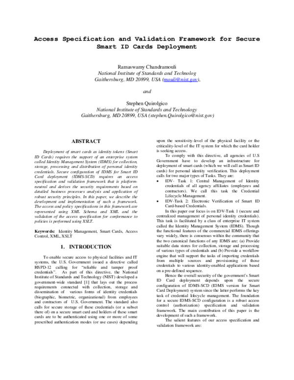 Pdf Access Specification And Validation Framework For Secure Smart Id Cards Deployment