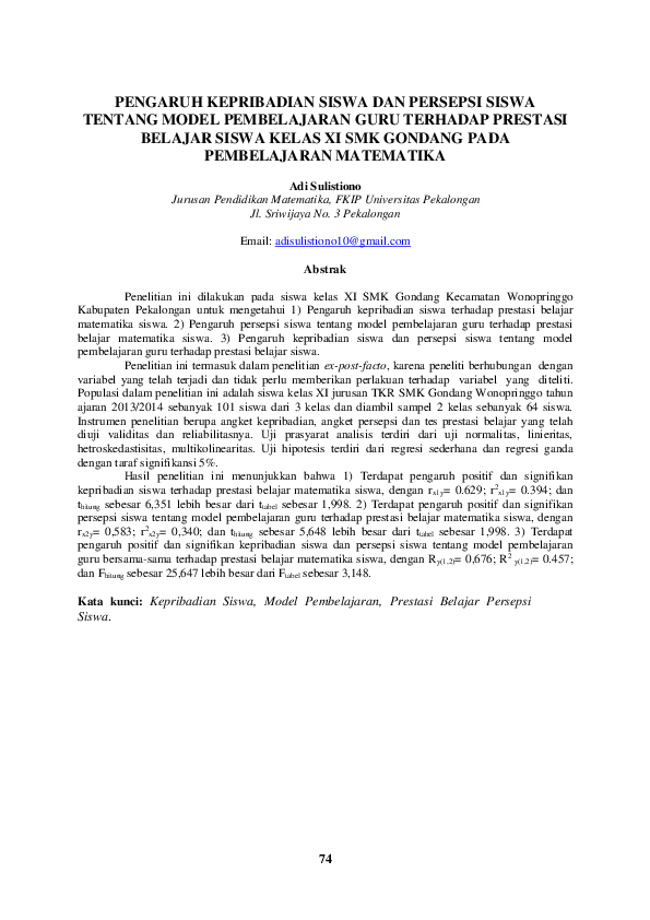 (PDF) Pengaruh Kepribadian Siswa Dan Persepsi Siswa Tentang Model Pembelajaran Guru Terhadap ...