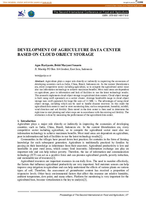 (PDF) Development of Agriculture Data Center Based on Cloud Object Storage | Bekti Maryuni ...