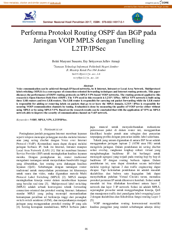 Pdf Performa Protokol Routing Ospf Dan Bgp Pada Jaringan Voip Mpls